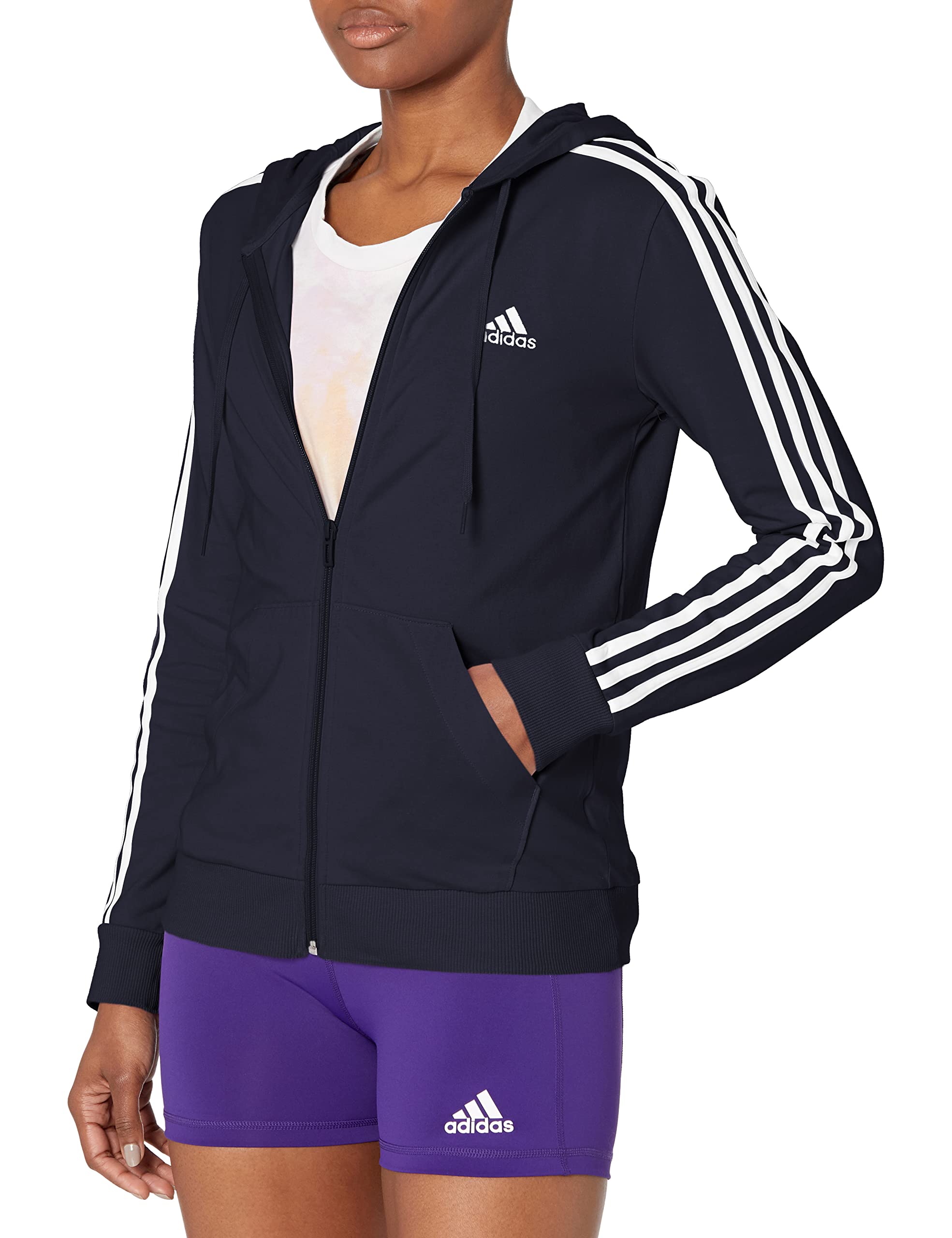 adidas 3-Stripes Single Jersey Full Zip Hoodie Hazy Rose/White XS