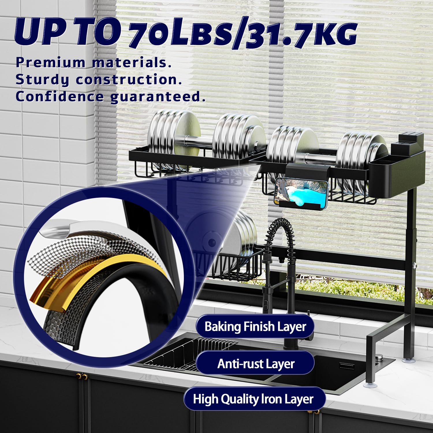 ADBIU Over The Sink Dish Drying Rack (Expandable Height and Length) Snap-On Design 2 Tier Large Dish Rack