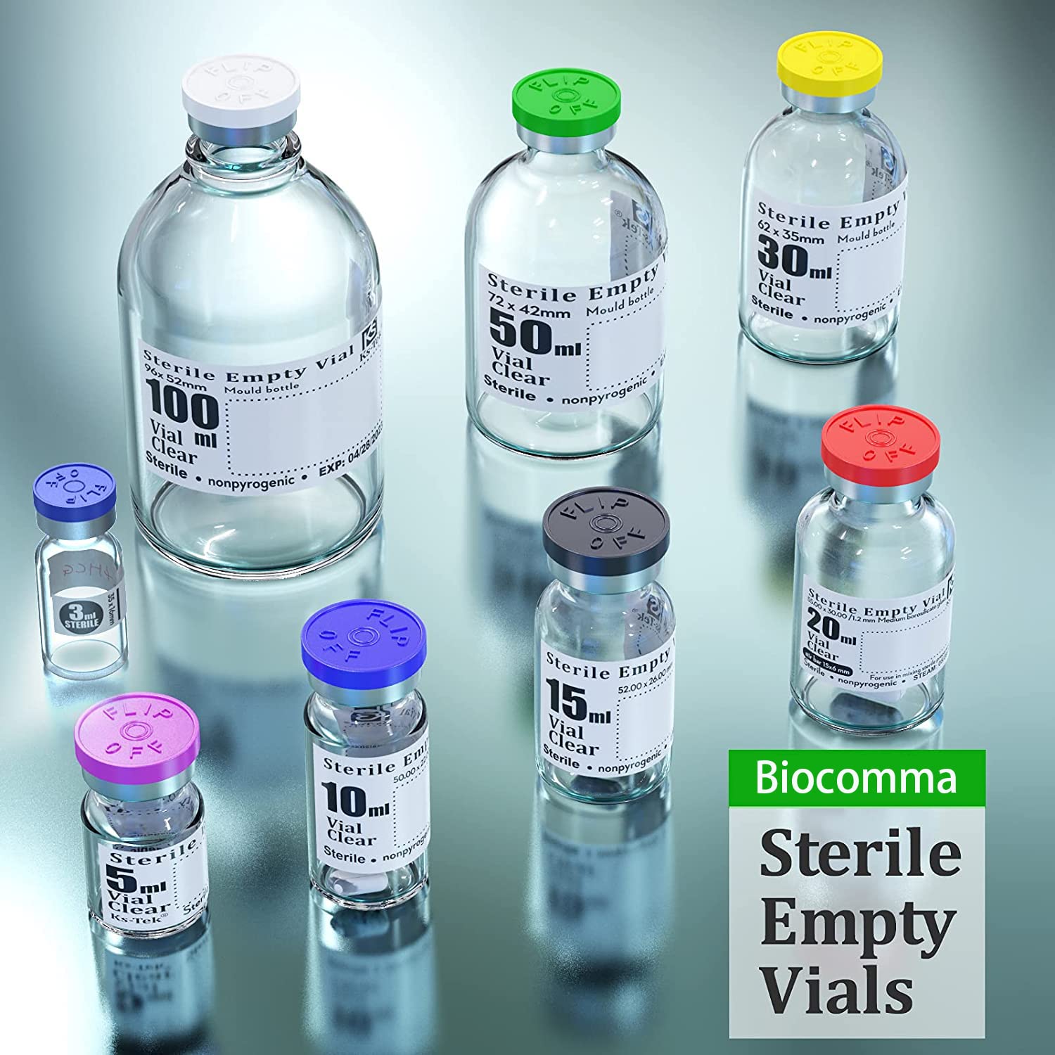 Biocomma 30ml 10pcs Sterile Empty Vial with Plastic Aluminum Flip Off Caps,Penicillin Bottle 20mm Crimp Top Sterile Transparent Borosilicate Lab Sample Vial (Transparent)