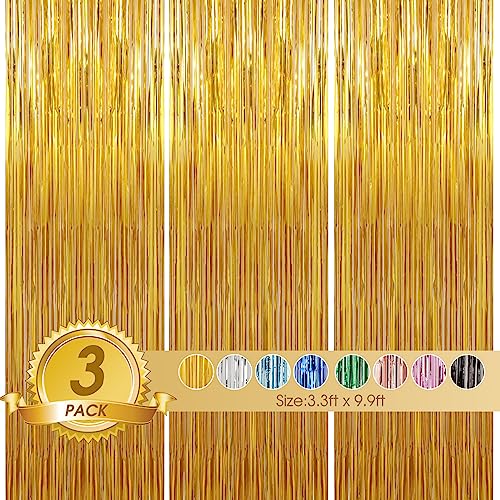 Birthday Party Decorations| 3 Pack 3.3 x 9.9 ft Gold Foil Fringe Curtains Party Supplies|Tinsel Curtain Backdrop for Parties, Glitter Streamers Backdrop for Birthday/Photo Booth Backdrops/Party Decor