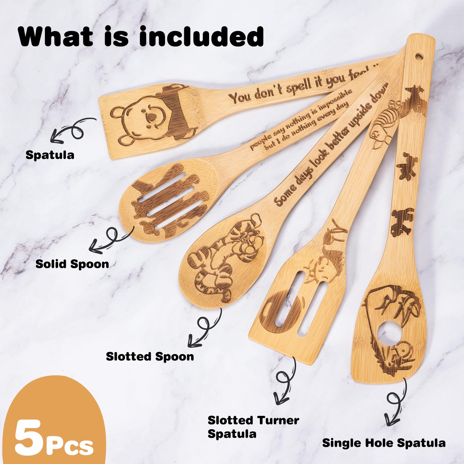 6 PCS Bamboo Cooking Kitchen Utensils Set - Cute Bear Slotted Wooden Spatula for Kitchen Decor - Cookware Gifts for Women - Wooden Spoons for Cooking - 3D Engraved Patterns