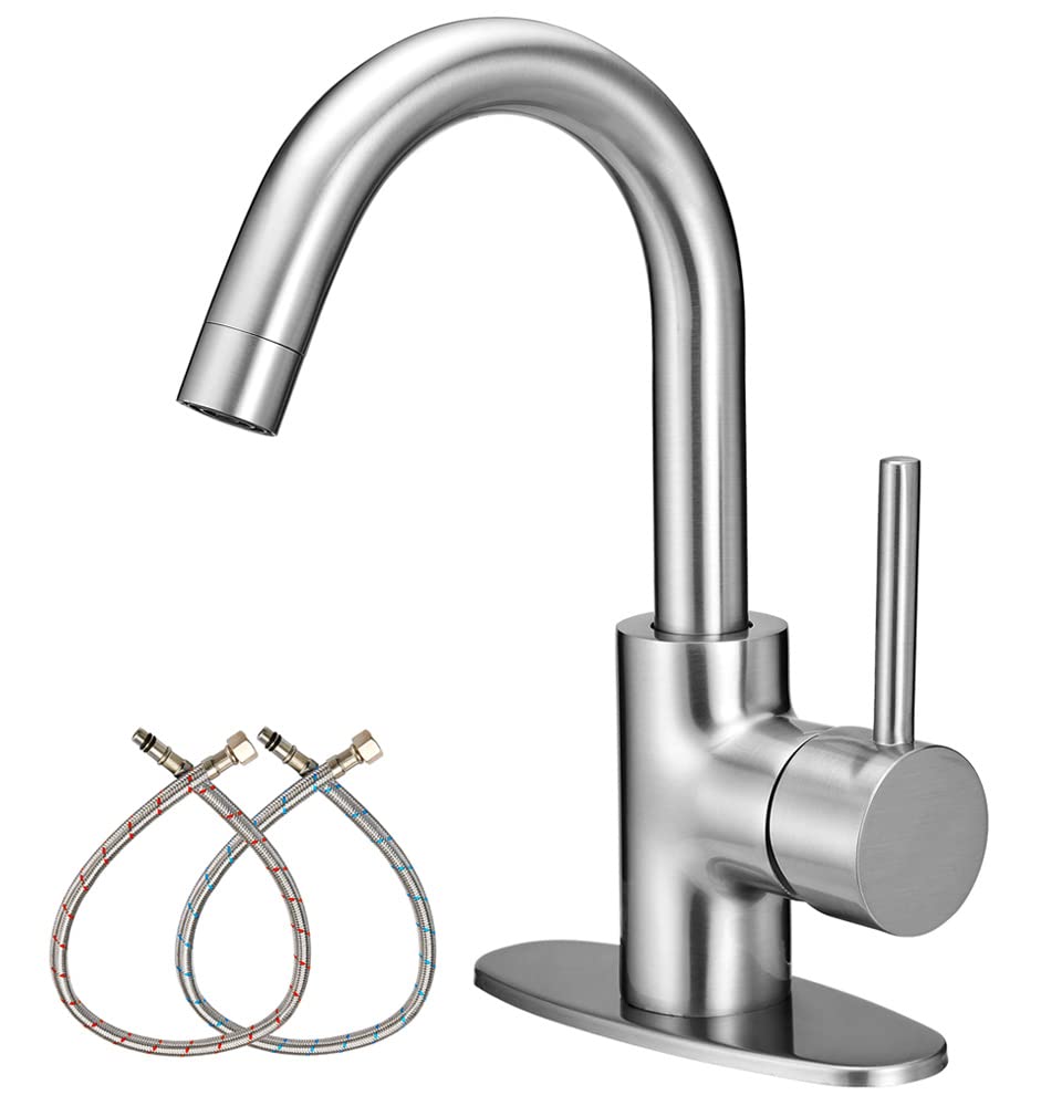 PHICHI Bar Faucet Chrome, 1 Or 3 Hole Single Handle Stainless Steel Gooseneck Sink Faucets for Bathroom Bath Outdoor with Hot & Cold Water Supply Lines