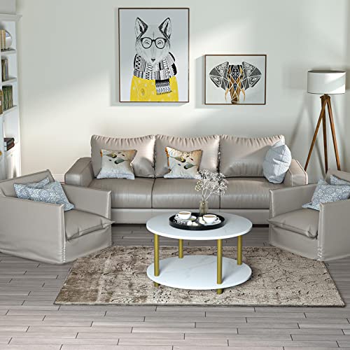 Round Coffee Table for Living Room,31.5’’ 2 Tier Modern Gold Coffee Table with Open Storage Shelf,Gold Metal Legs and White Faux Marble Table Top