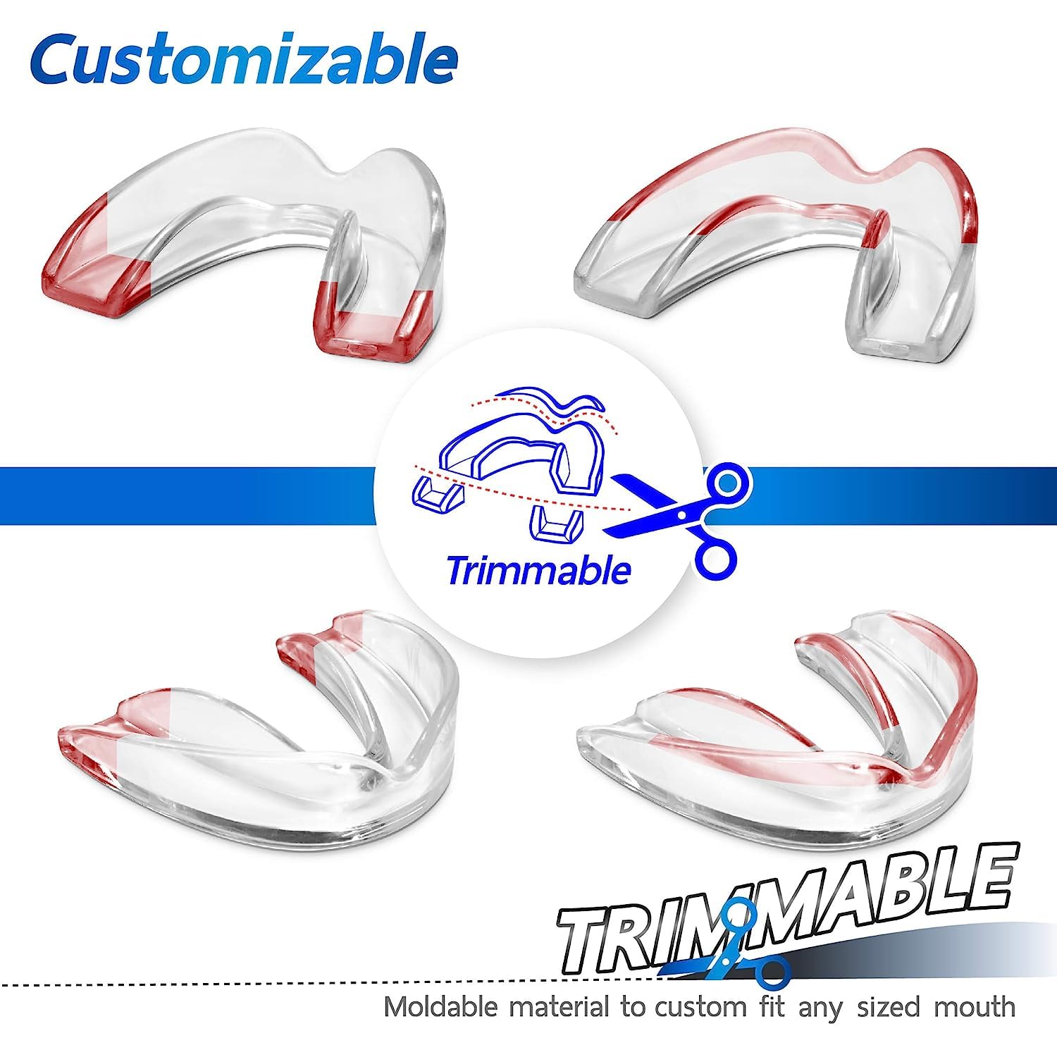 LORIOUS Mouthguard - One Size Fits All Premium Set of 6 BPA Free Moldable, Customizable and Trimmable Medical Grade Mouth Guard for Grinding Teeth Clenching Bruxism, Sport Athletic, Whitening Tray