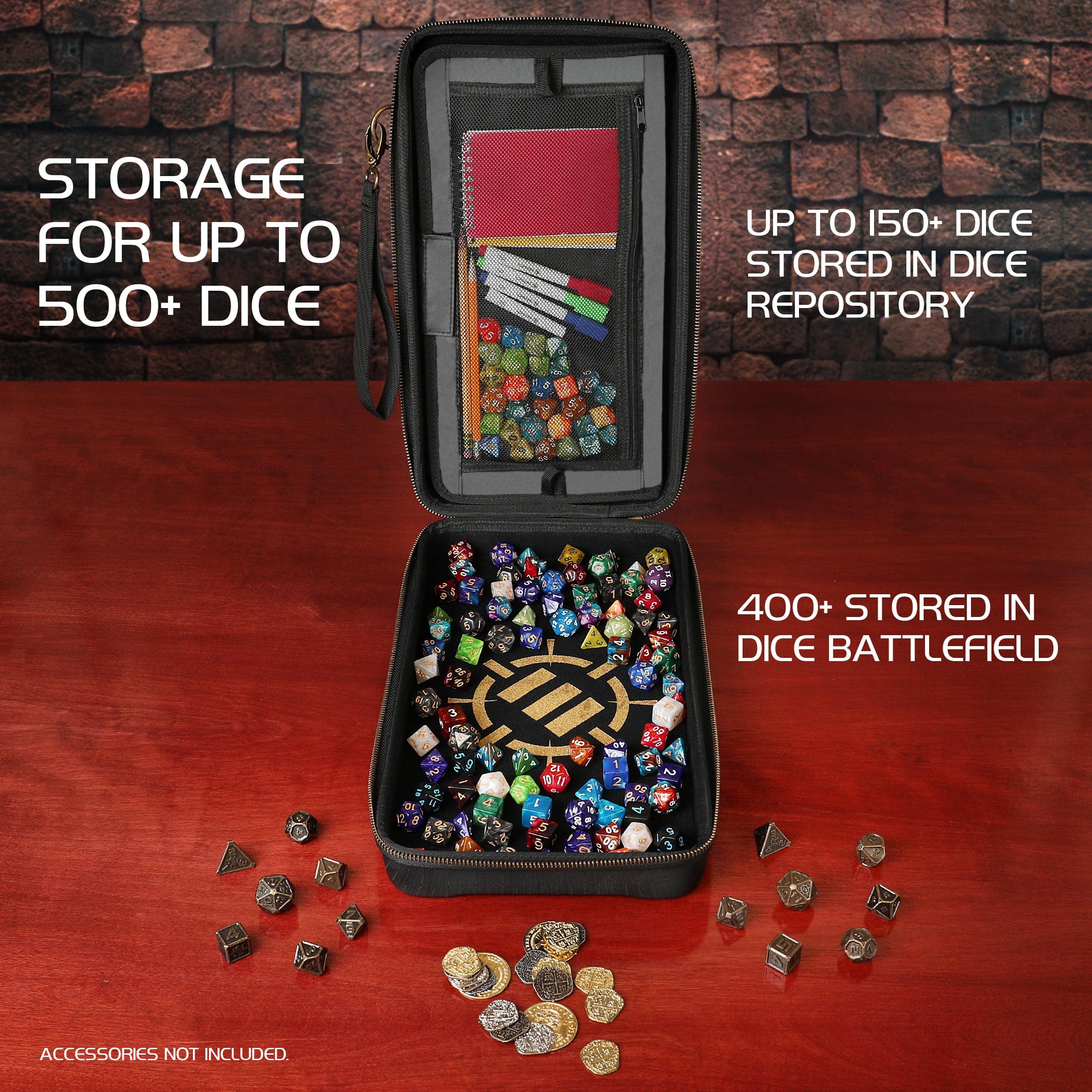 ENHANCE Tabletop Community DND Dice Case and Dice Rolling Tray - Dice Holder and Storage for up to 500 RPG Dice with Rugged Protective Design, Soft Interior, and Organizer Pockets (500 Dice Capacity)