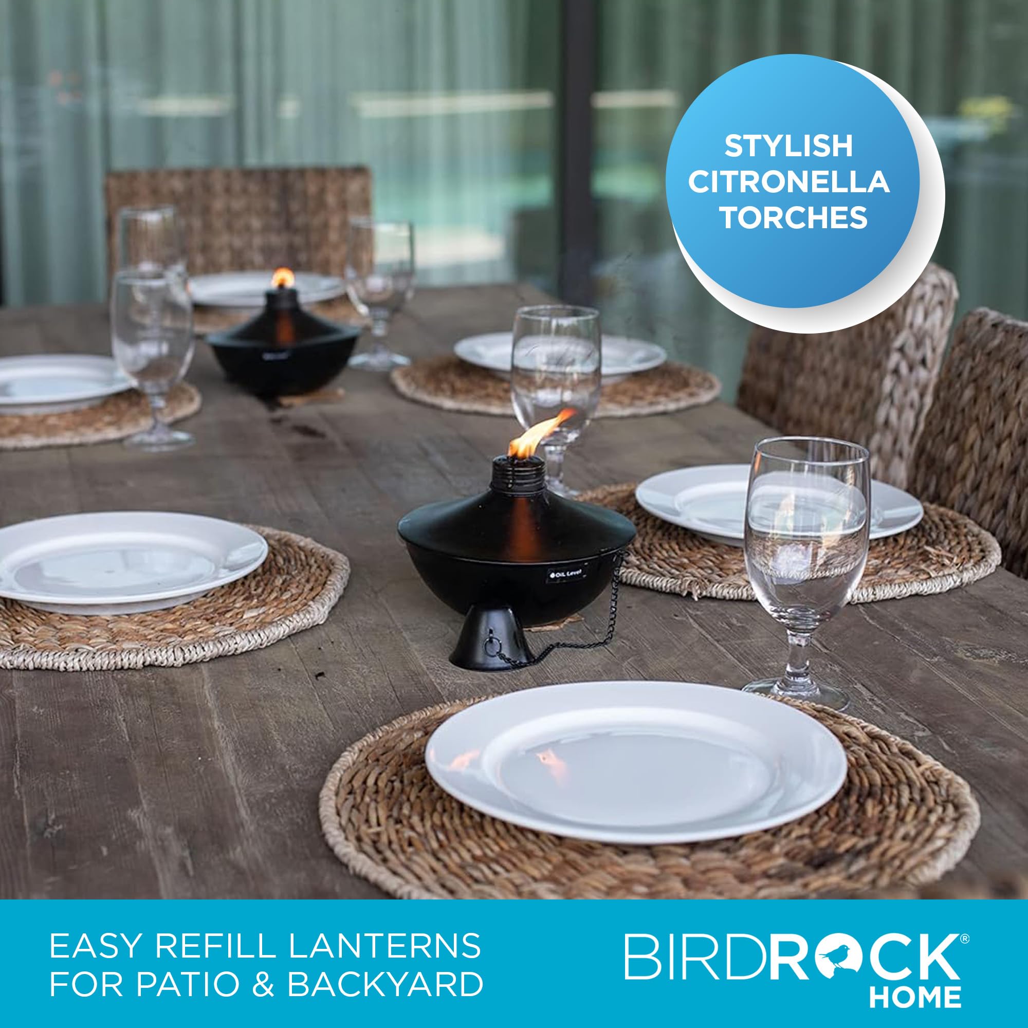 BIRDROCK HOME Tahitian Tabletop Citronella Lamp Torches - Easy Refill Metal Lanterns with Flickering Flame for Decorative Backyard, Deck & Outdoor Patio Lighting - Refillable Design - Black, Pack of 2