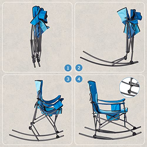 PORTAL Folding Camping Rocking Chair Portable Outdoor Rocker High Back Cup Holder Side Pocket Carry Bag Included, Support 300 lbs (Blue)