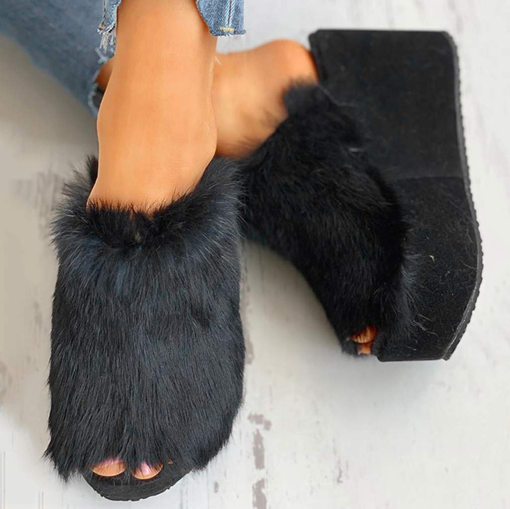 Padaleks Women's Wedge Platform Slide on Sandals Peep Toe Faux Fur Suede Winter Slippers Indoor & Outdoor Shoes