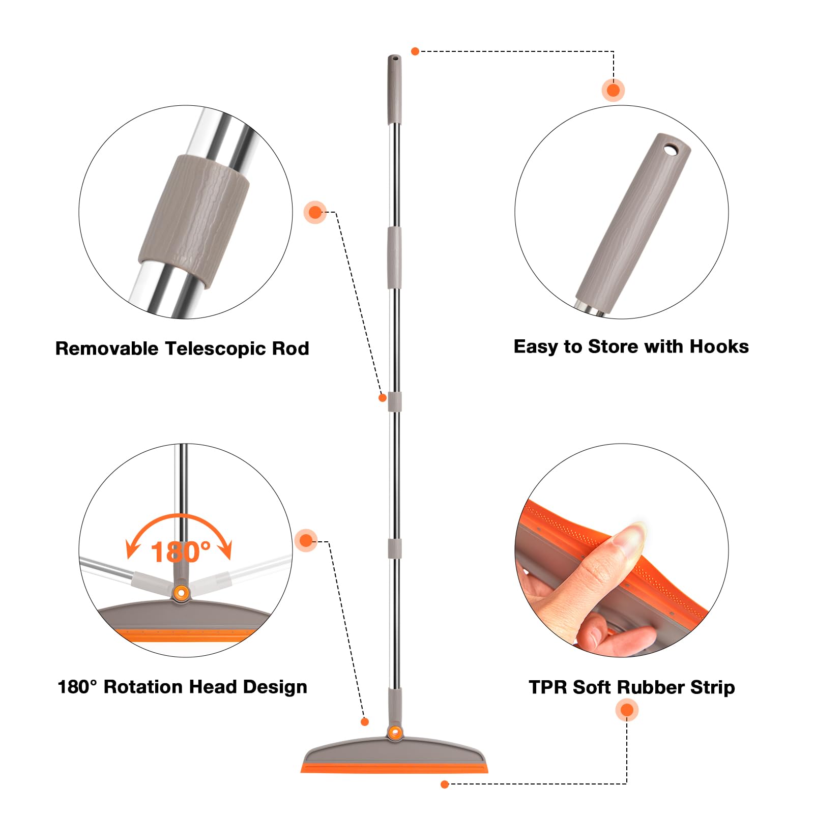 XXFLOWER Silicone Air Broom,Multifunction Magic Broom with Long Handle,Adjustable Rubber Squeeze Broom Sweeping Water,Pet Hair Remover for Carpet,Kitchen,Concrete Floor,Bathroom Tile(Grey Orange)