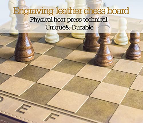 Chess Set for Adults & Kids -Leather Chess Board Magnetic Chess Pieces Unique Design Chess Game Gift Choice for Kids and Adults 2 players