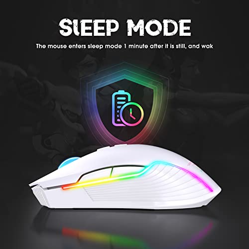 PHNIXGAM Rechargeable Wireless Gaming Mouse, Ergonomic RGB Computer Mouse with 2.4G Receiver, RGB Backlight, Adjustable DPI Up to 3600, 7 Buttons (Not Programmable) for Windows Vista Linux (White)