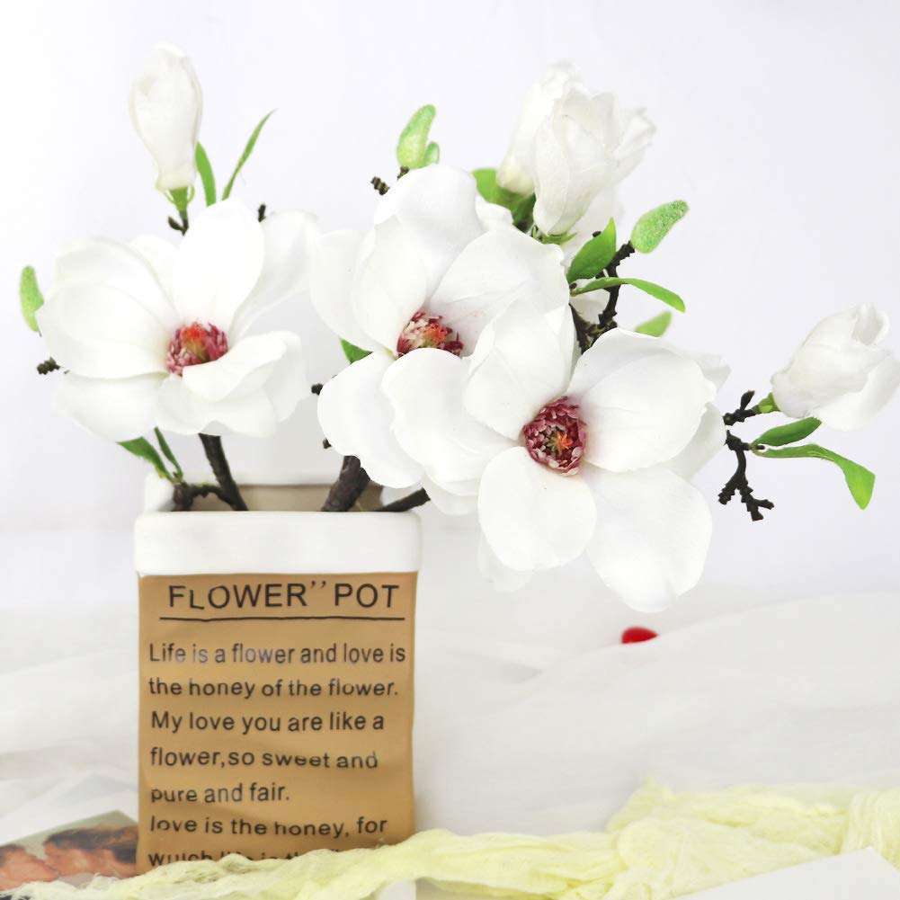 6 Stems Artificial 2 Head Magnolia Flowers, Realistic Silk Flower Bouquet for Floral Arrangements Home Table Decor Photo Props,White