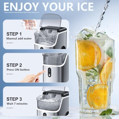 ZAFRO Nugget Ice Maker Countertop,One-Click Self-Cleaning Portable Ice Machine with Ice Scoop and Basket,Soft Chewable Ice in 7 Mins,35lbs/24H,for Home Kitchen Office Party,Stainless Steel Silver