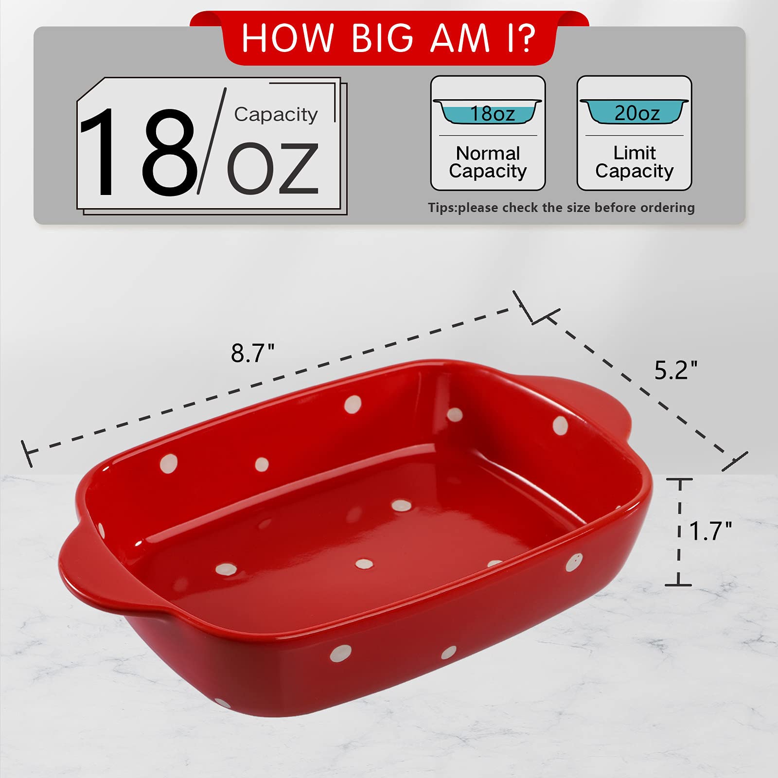 AVLA 4 Pack Porcelain Baking Dish, 7 Inch Ceramic Rectangular Small Baking Pan Baking Ramekin with Double Handles, 18 OZ Individual Baking Pans for Lasagna, Casserole Dish, Polka Dot