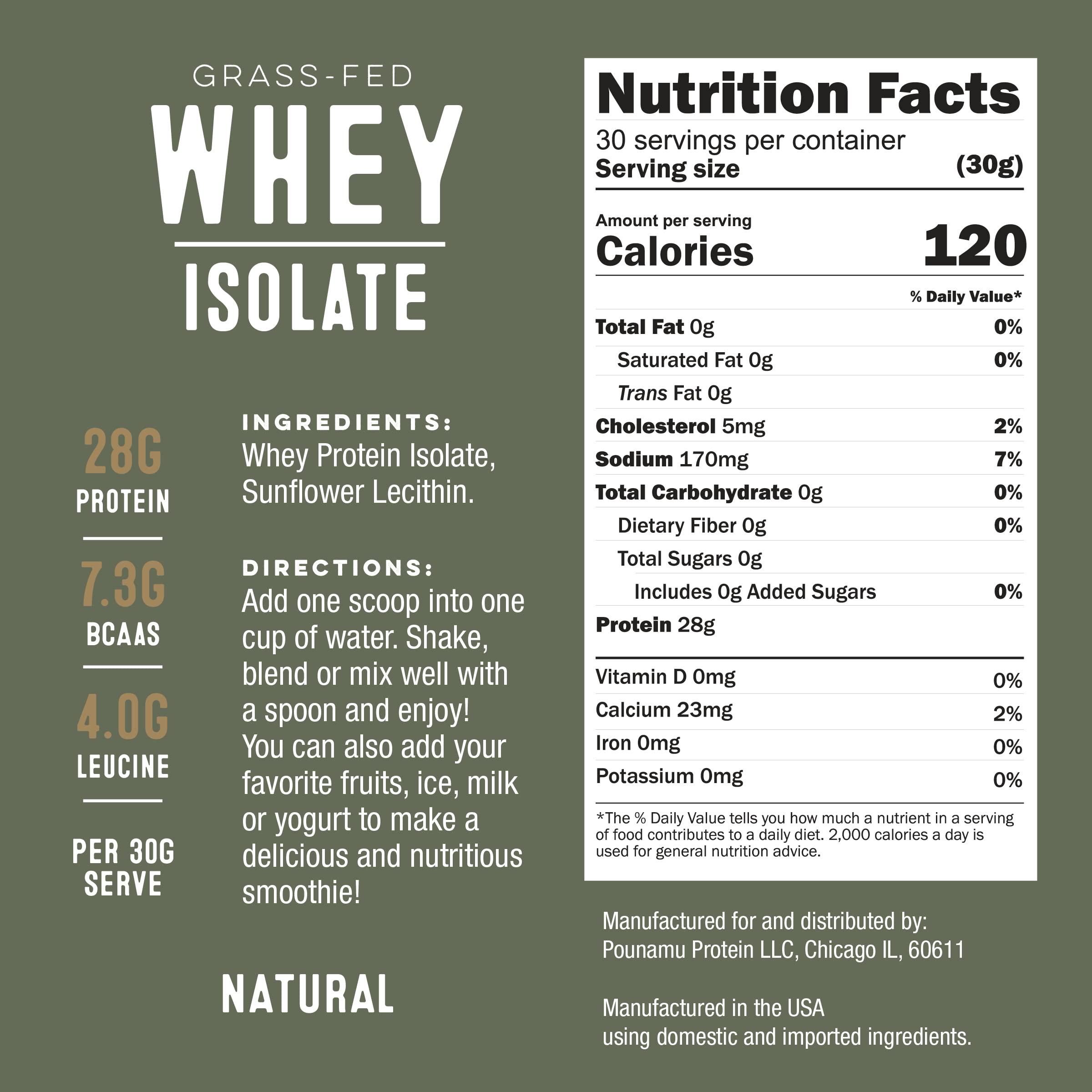 Pounamu Natural Whey Protein Isolate Powder, 28g Protein, 7.3g BCAAs, 4g Leucine | New Zealand Free-Range, Grass-Fed Dairy | Gluten-Free, Keto, Kosher | 2LB, 30 Servings