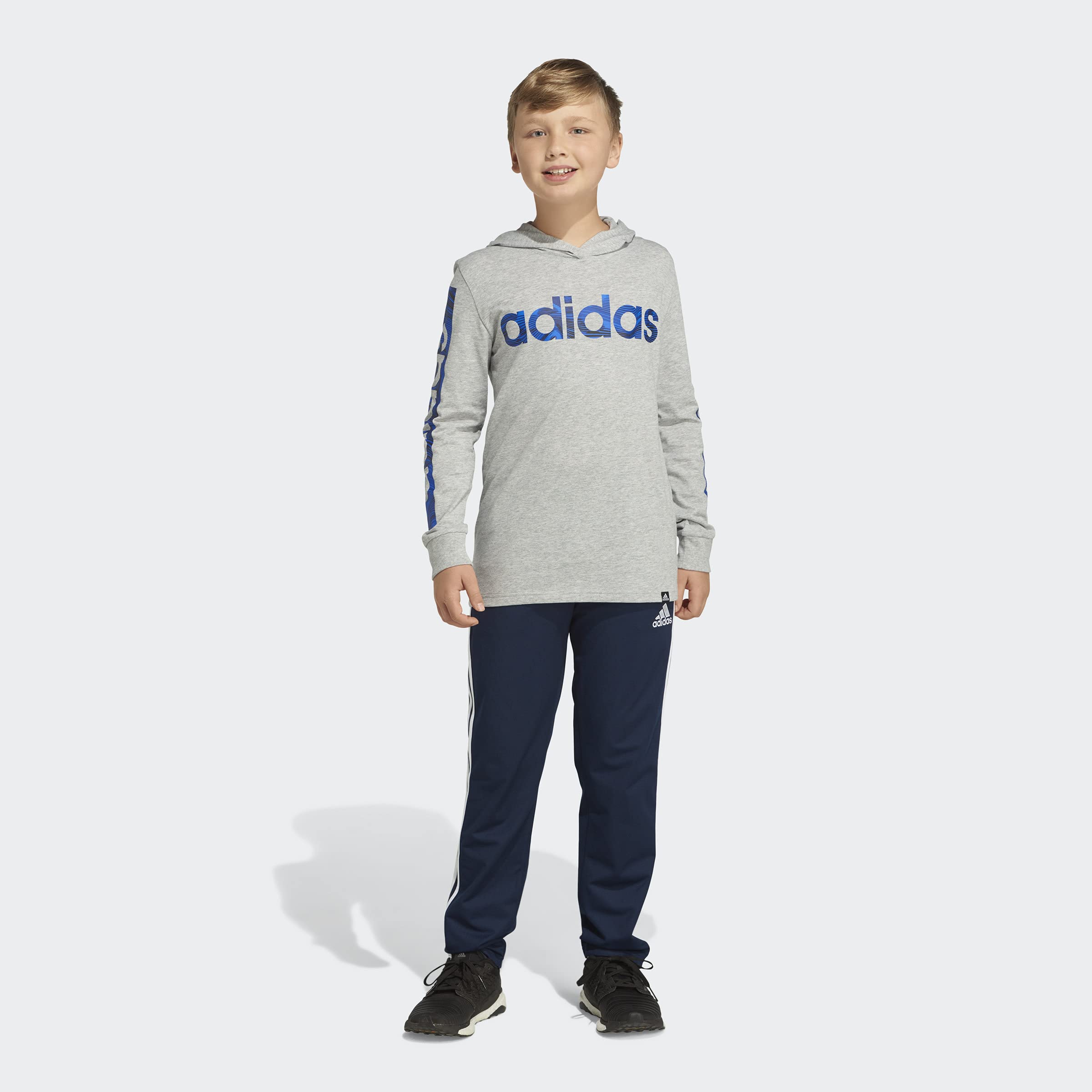 adidas boys Long Sleeve Linear Camo Hooded Heather Tee T Shirt, Charcoal Grey Heather, Small US