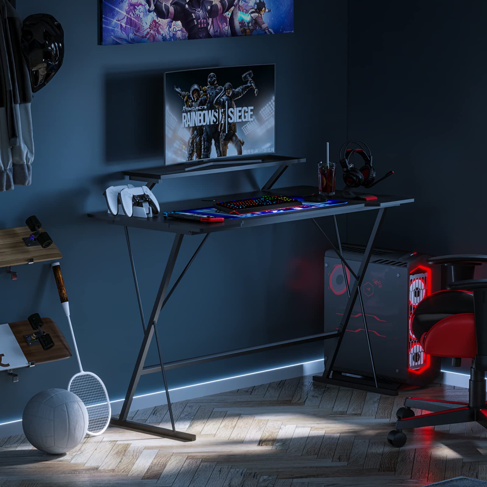 Bizzoelife Gaming Desk Home Office Table: 47Inch Z Shaped Home Office PC Computer Table, Gamer Workstation with Monitor Stand, Racing Style Game Tables with Cable Management Holes