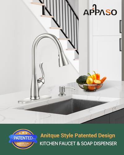 APPASO Patented Kitchen Faucet with Pull Down Sprayer and Soap Dispenser - Single Handle Stainless Steel Brushed Nickel High Arc Pull Out Kitchen Sink Faucets with Deck Plate