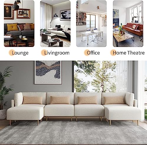 MGH 143''Convertible Sectional Sofa , Modern Linen Fabric U-Shape Modular Couch 4-Seat Sofa Sectional with Reversible Ottomans for Apartment Living Room Furniture Sets, Beige (HQ-023B)