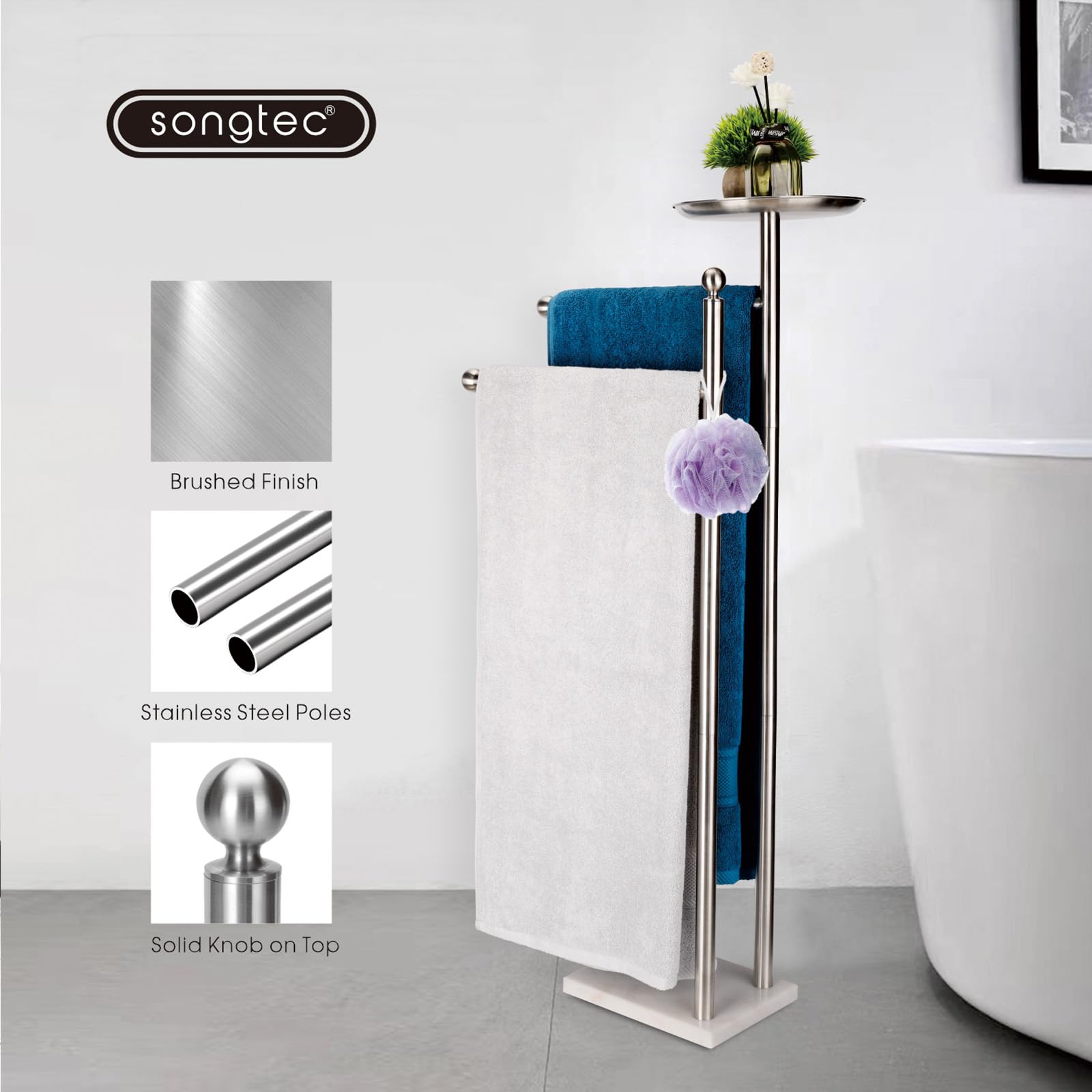 Songtec Towel Rack Stand for Bathroom, 2-Tier Towel Holder Stand for Bath Towels Max to 68β & 60β Long, Practical Shelf on Top for Phone, Shampoo, Body Wash