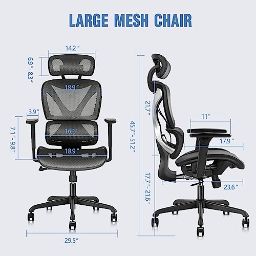GABRYLLY Office Chair, Large Ergonomic Desk Chairs, High Back Computer Chair with Lumbar Support, 3D Armrest, Breathable Mesh, Adjustable Headrest, with Tilt Function, (Grey)29.5D x 40.9W x 51.2H Inch