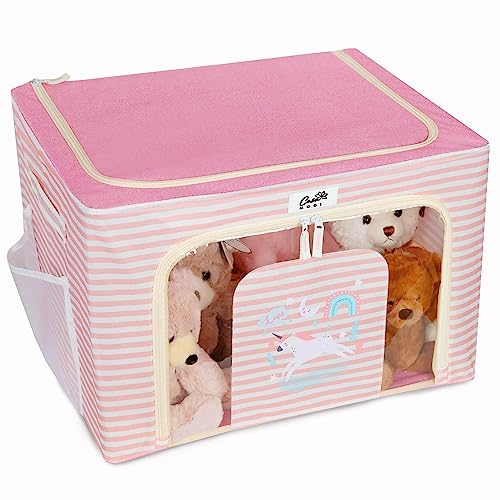 Foldable Big Toy Chest for Boys & Girls - Stylish Oxford Cloth Bedroom Play Room Organization Collapsible Storage Box with Side Pocket & Window - Versatile Kids Toy Bin - Pink, 19.7" x 15.7" x 13.0"