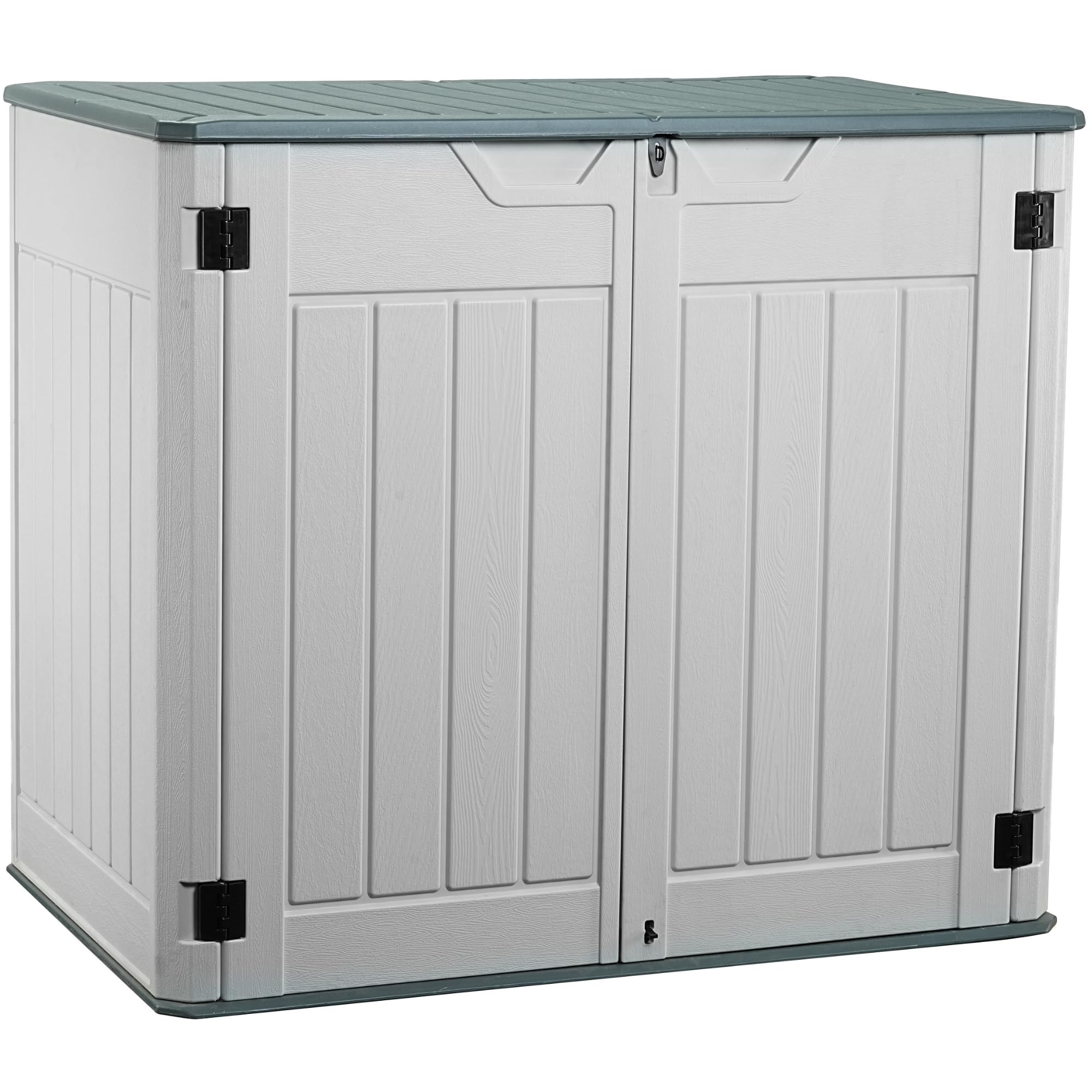 EHHLY Horizontal Resin Storage Shed, 35 Cuft Garden Tool Sheds & Outdoor Storage, Outdoor Plastic Storage Cabinet Waterproof, 4FT Tall Backyard Outside Lawn Mower Storage Shed, White