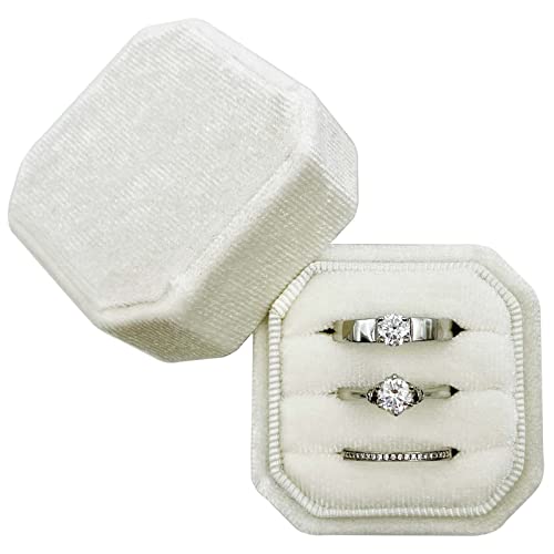 Beatilog Ring Box for Wedding Ceremony - Octagon 3 Slots Premium Velvet Ring Holder Handmade Vintage Three Rings Bearer Jewelry Organizer for Proposal, Engagement, Christmas, Photography (Ivory)