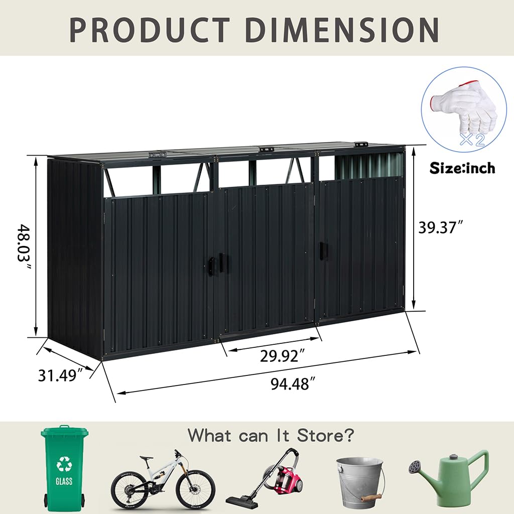 AMZOSS Outdoor Trash Can Storage, Metal Trash Bin and Recyclables Storage Shed with Lockable Door, Weatherproof Metal Trash Can Storage Shed for Trash Can Toys Weeding Tools,94.5" l x 31.5" w x 48" h