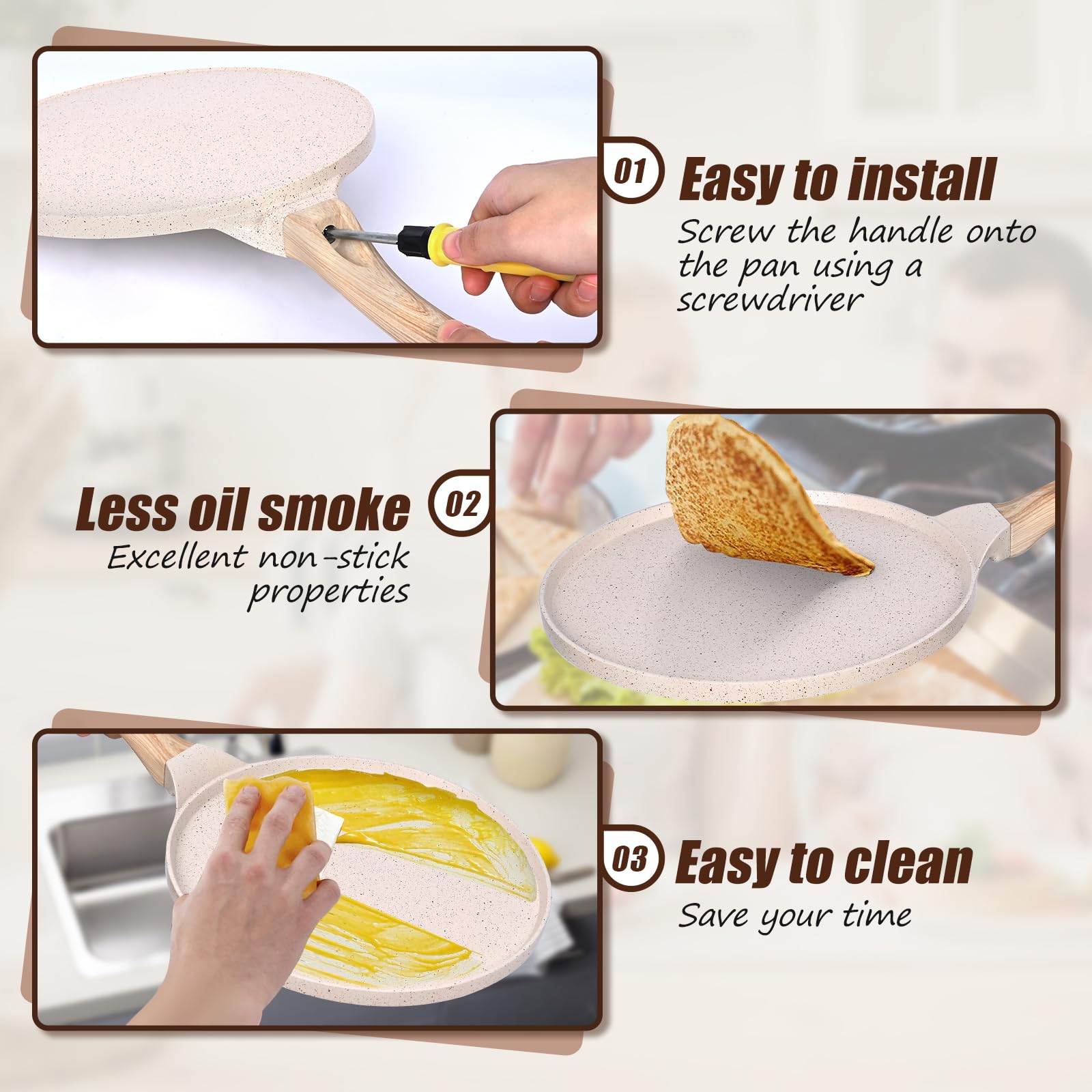 KRETAELY Dosa Pan Nonstick Crepe Pan Pancake Frying Pan with Granite Coating 10.5 inch Pancake Pan PFOA Free Easy to Assemble