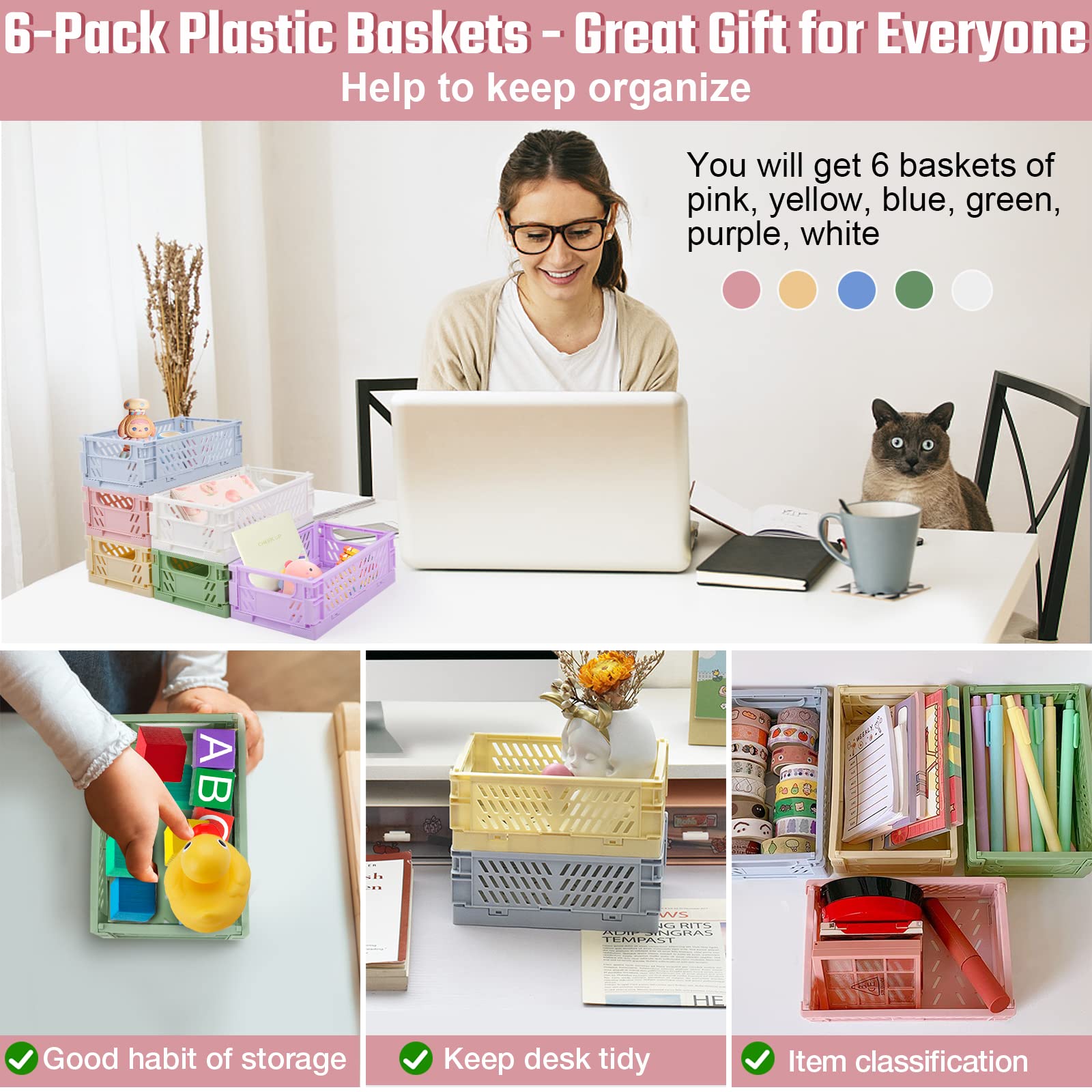 6-Pack Mini Plastic Storage Basket for Shelves Organizing, Small Basket Folding Plastic Crate Compact Storage Bin Organization for Classroom Home Kitchen Office,Christmas/New Year's/Thanksgiving Gifts