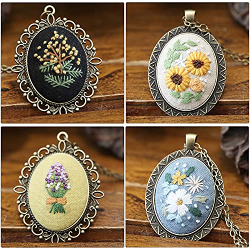 ZOCONE 4 Packs Embroidery Necklace Kit, Embroidery Pendant Kit Mini Cross Stitch Kit with Hoop, Necklace, Pendant, Stamped Pattern Cloth, Instructions, etc, Embroidery Kit for Adults