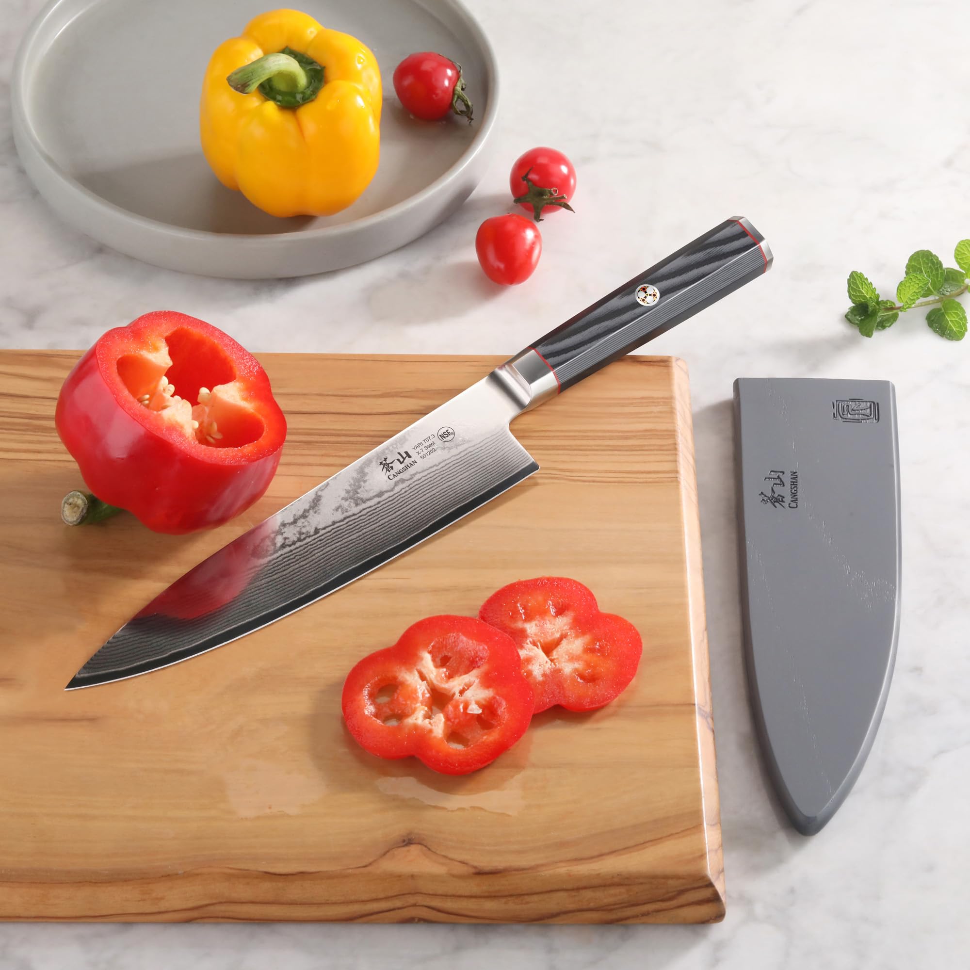 Cangshan YARI Series X-7 Damascus Steel 8-inch Chef's Knife with Sheath