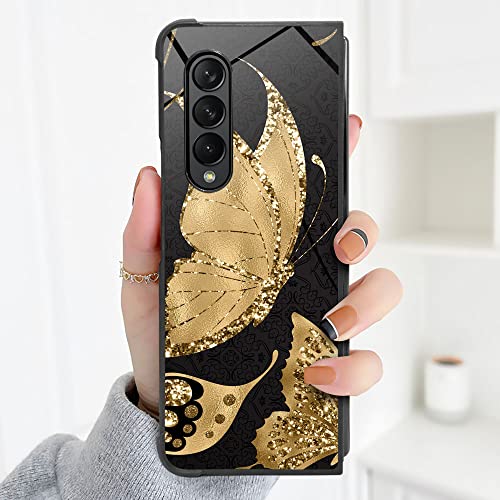 DJSOK Case Compatible with Samsung Galaxy Z Fold 3 5G Case,Beautiful Golden Butterfly Luxury Pattern Design Pattern Back+Soft Silicone Protective Case