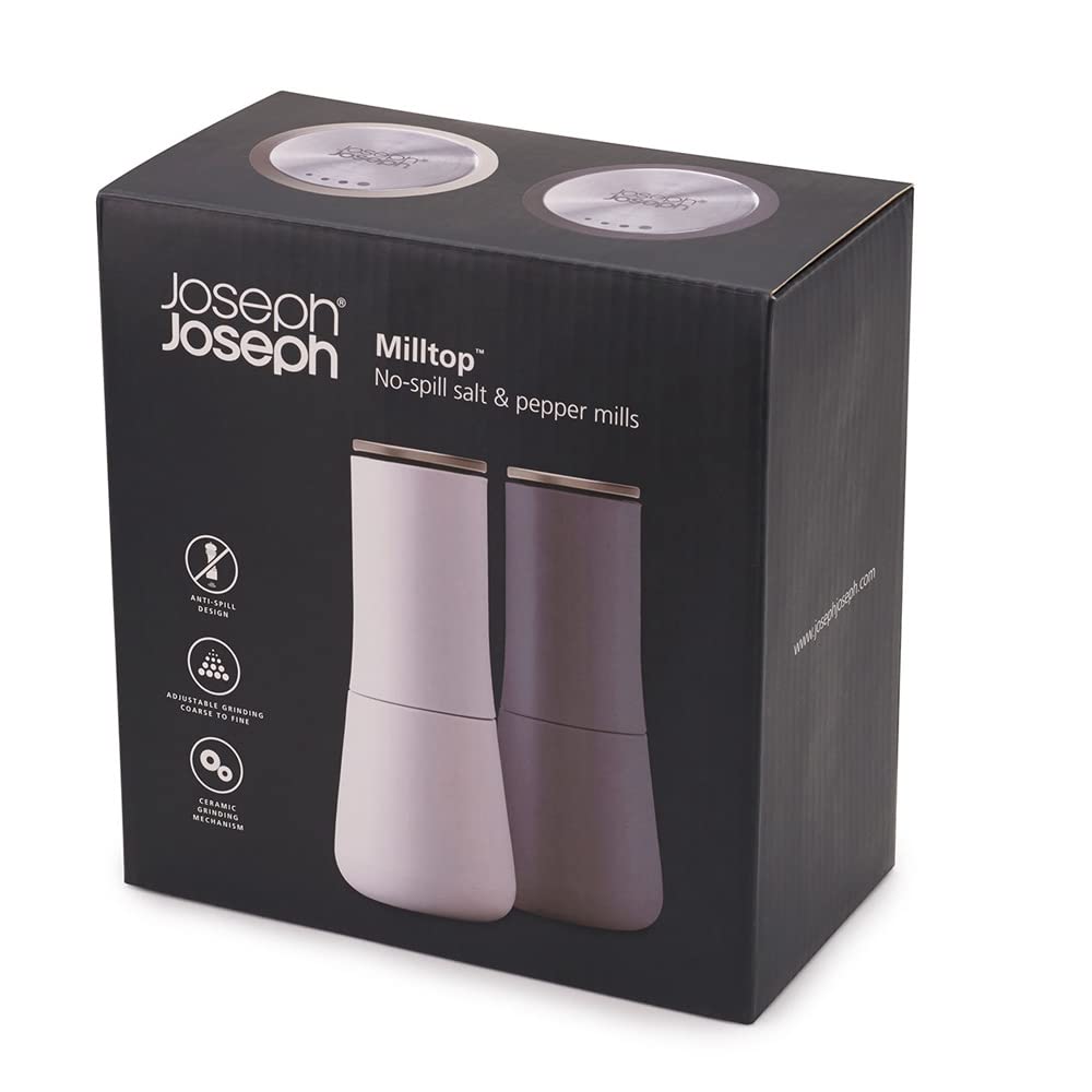 Joseph Joseph Milltop Salt and Pepper Grinder Set with Adjustable Grind Size Coarseness, Dark Gray/White, 2-piece