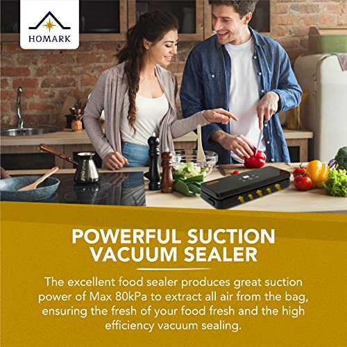 HOMARK Vacuum Sealer Machine, Digital Display Smart Function Household 80 kPa Food Saver Vacuum Sealer with Tempered Glass Surface, Dry Moist Mode, Includes 10 Vacuum Bags 6βx10β, 3 Food Modes,2 Pump Speed, Lab Tested