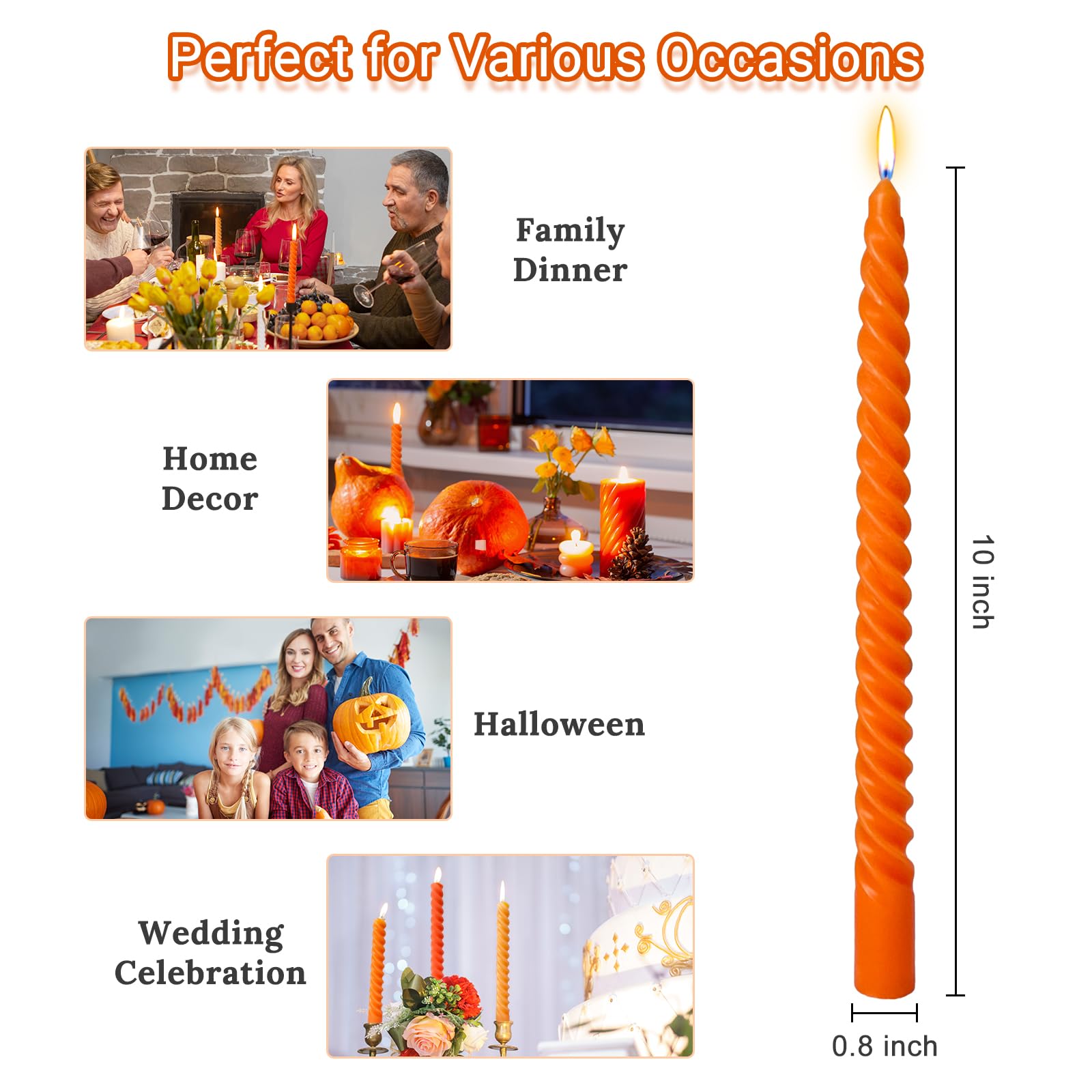 Orange-Gradient Spiral Taper Candles for Home Decoration, 4 Pack 10 Inch Candlesticks for Dinner Party Holiday Fall Halloween and Harvest