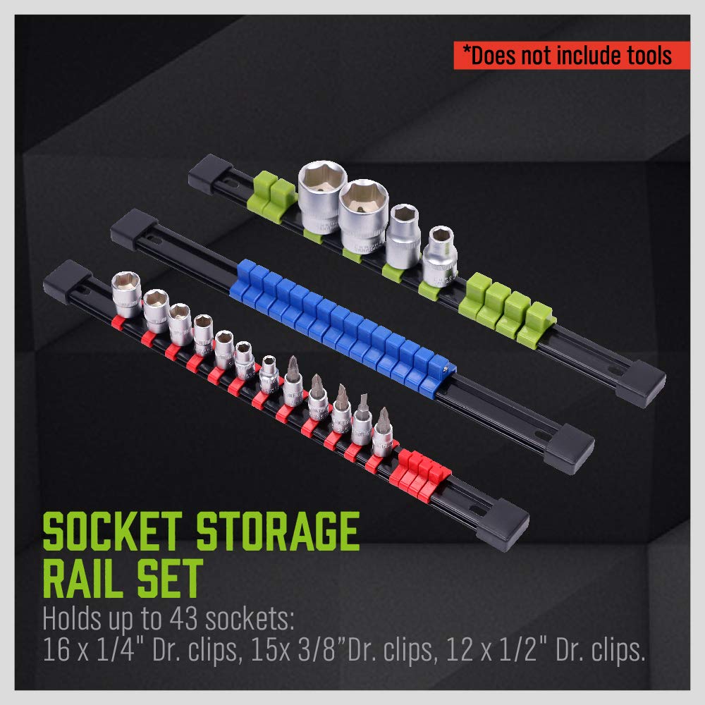 6-Piece Socket Organizer Drive Socket Holder Set - Socket Rails with 1/4-Inch, 3/8-Inch, 1/2-Inch Clips - Secure, Universal Compatibility - Heavy-Duty ABS Construction, Easy to Install