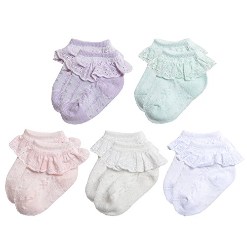 EPEIUS 5 Pack Baby-Girls Eyelet Frilly Lace Socks Newborn Princess Ankle Socks for 0-3 Months,Bow Pattern,White/Ivory/Pink/Purple/Green,Shoe Size 0-1