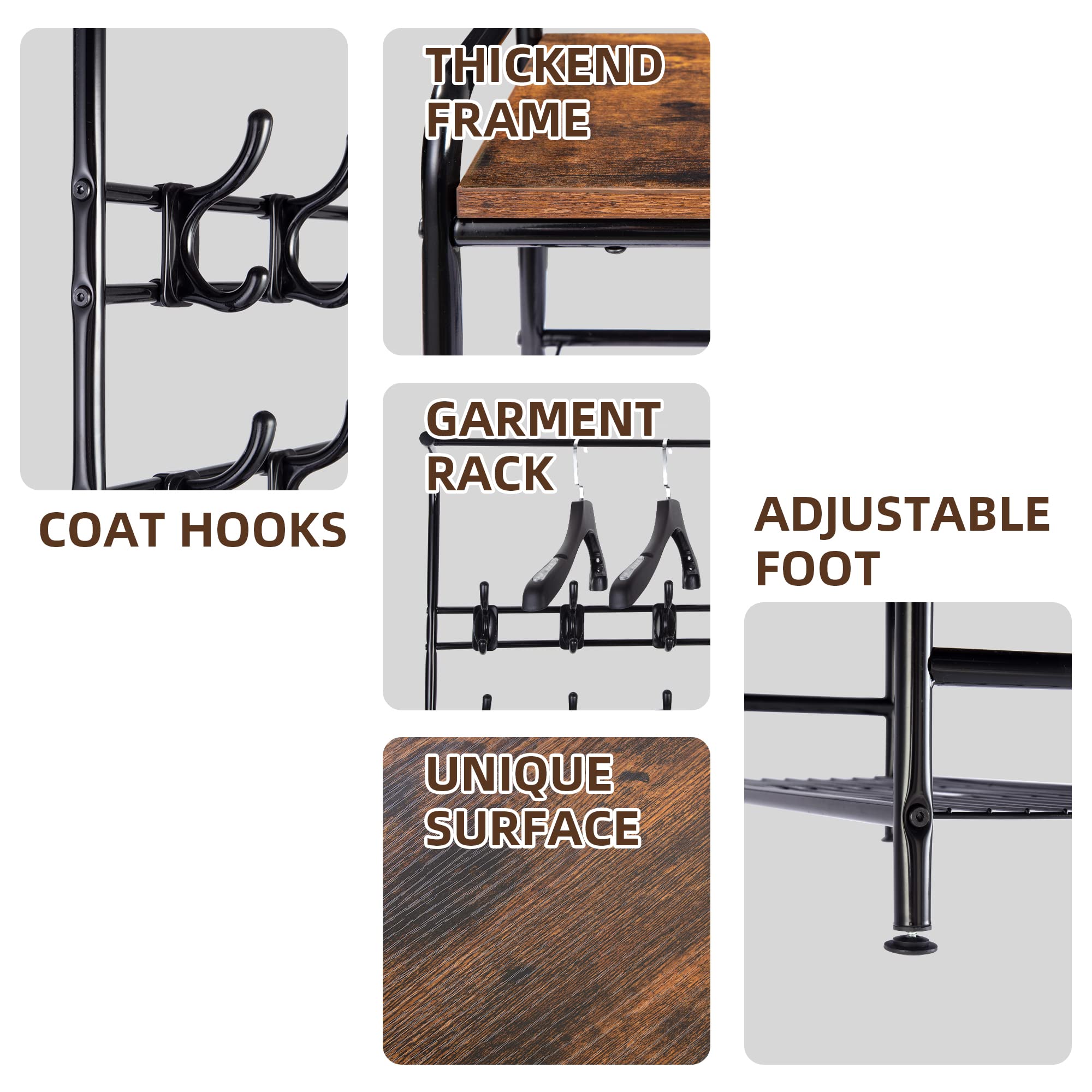 IDEALHOUSE Hall Tree, Entryway Bench, Coat Rack Freestanding Shoe Bench, 3 in 1 Hall Tree Entryway Storage Bench, Multifunction Bench with Steel Frame, 8 Large Hooks, 3-Tier Storage Shelf