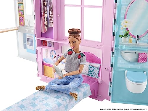 Barbie Doll House, Portable Playset with Carrying Handle and Accessories, Kitchen, Bedroom, Bathroom and Patio Pool (Amazon Exclusive)