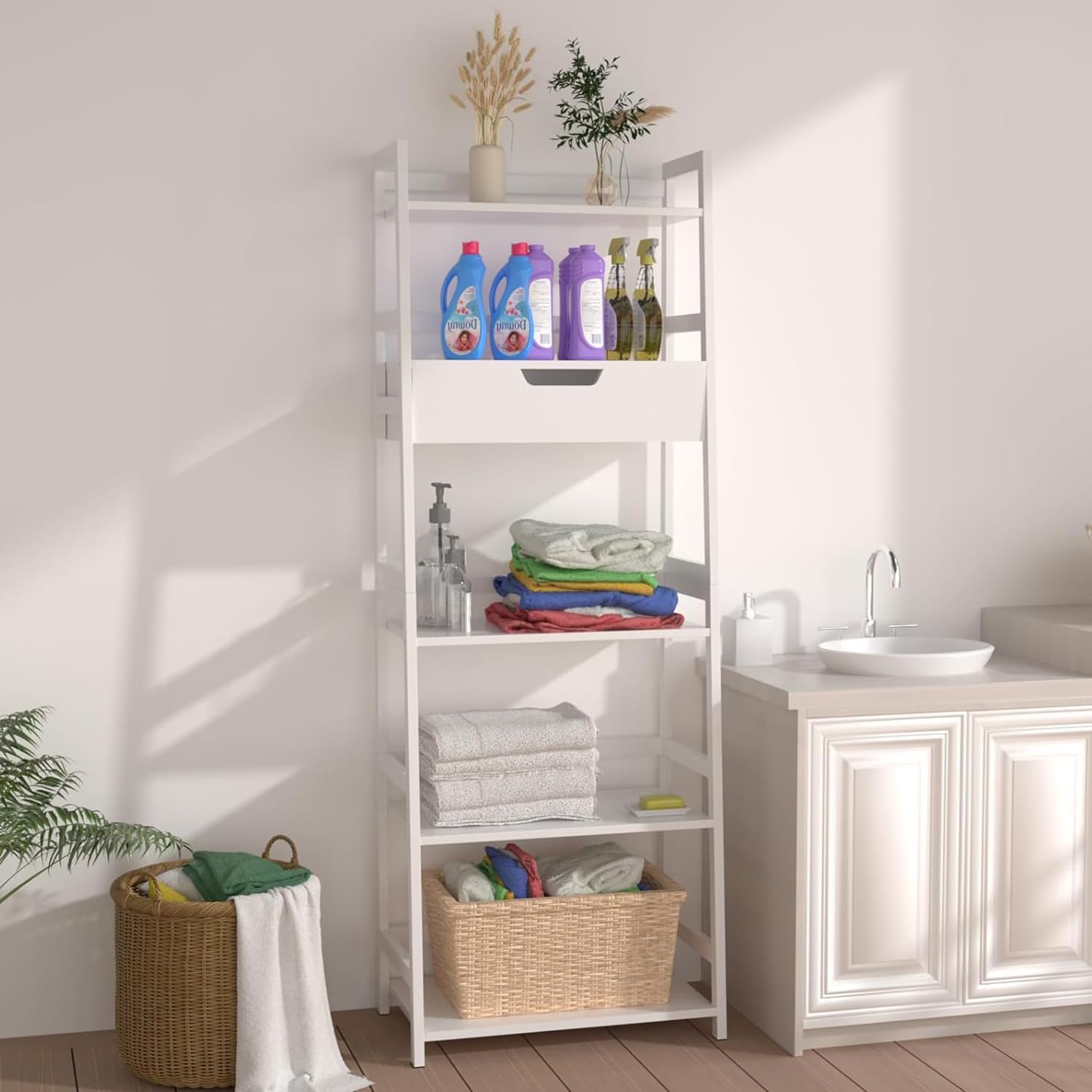 Bookshelf with Drawer, 5 Tiers Bamboo Bookcase Book Shelf Storage Organizer Modern ladder Shelf Display Stand Shelving Unit Tall Book Shelf Corner Rack for Home Office,Living Room,Kitchen,Bedroom,Toy
