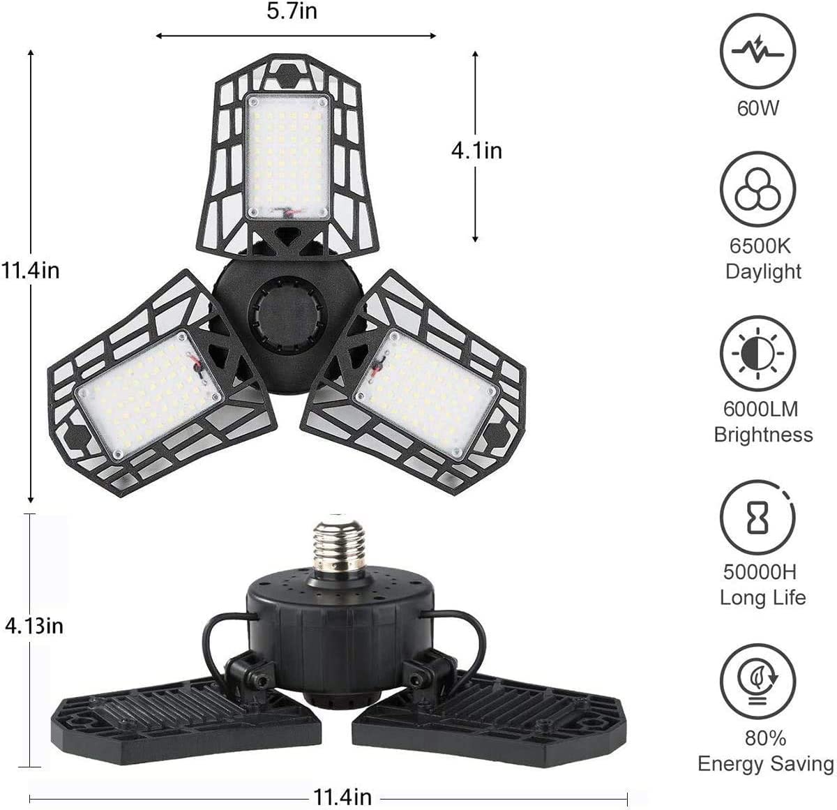 KONPWAY Deformable LED Garage Light - 6000 Lumen 2800K Warm Light 60W, Three Leaf Garage Organization Ceiling Lighting 2-Pack