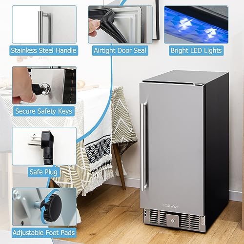 COSTWAY 115 Cans Compact Beverage Refrigerator, 2.9 Cu.ft Drink Cooler with Adjustable Shelves & Stainless Steel Door, 32℉-50℉, Built-in or Freestanding Mini Beverage Fridge for Apart, Office
