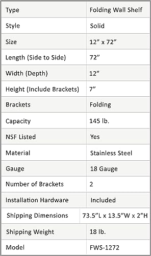 Express KitchQuip 12" x 72" Stainless Steel Folding Wall Shelf - Food Truck, Kitchen, Restaurant, Laundy, Garage and Utility Room