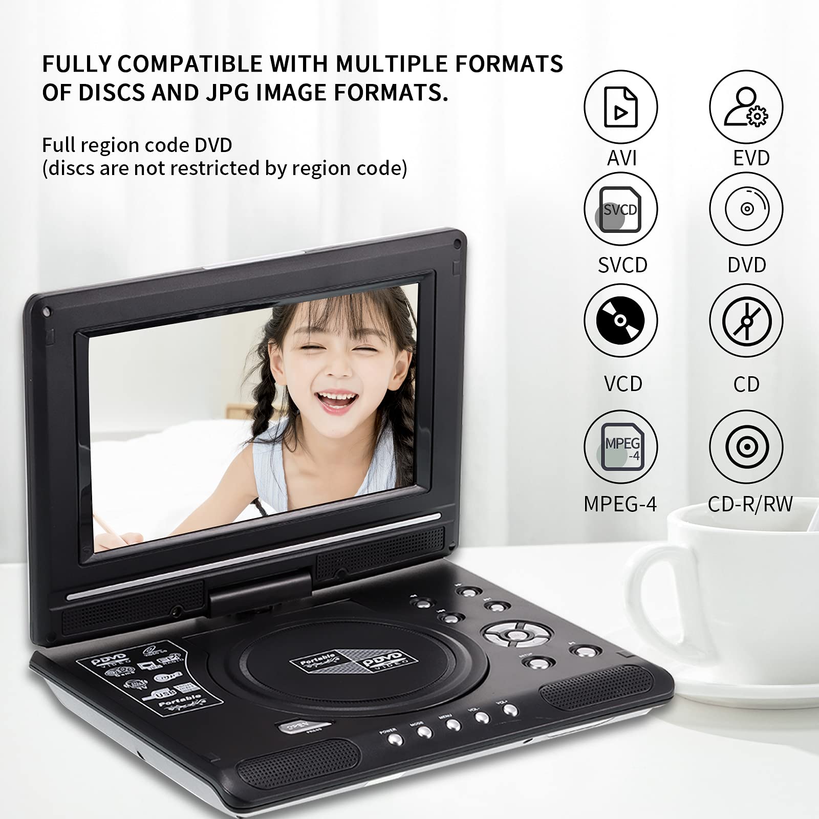 9.8'' Portable DVD Player with SD Card/USB Port, Mobile DVD Player with 270 Degree Swivel Screen, High Definition CD Video Player for Kids, Support AV-in/Out