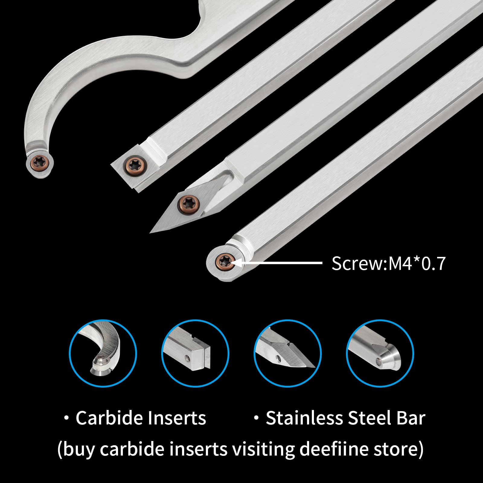 DEEFIINE Carbide Tip Wood Lathe Turning Tool set With Bowl sander, Lathe Roughing and Finishing Hollowing Tool Interchangeable Aluminum Alloy Handle with 4pcs Carbide Blade For Woodturning