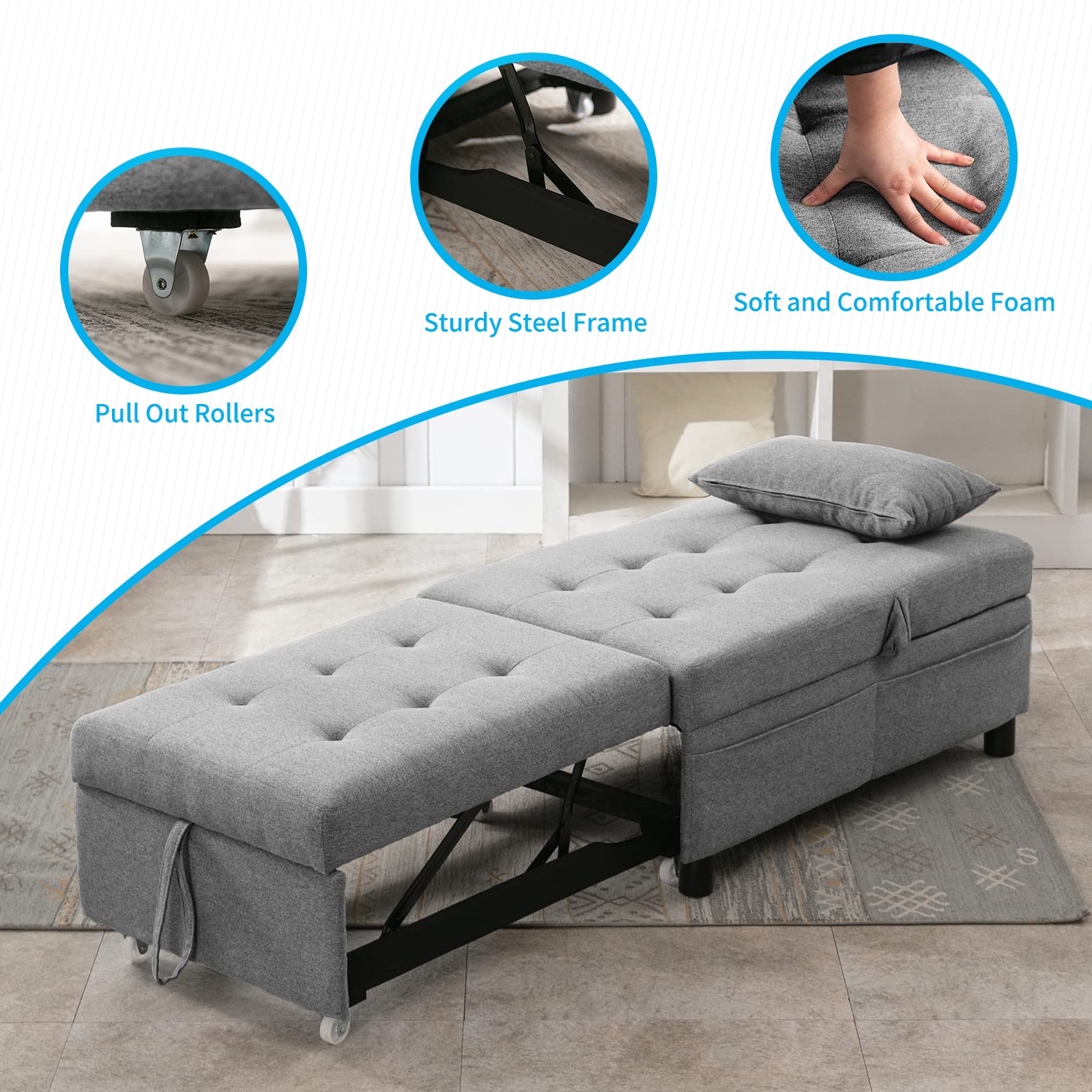 Mjkone 4-in-1 Sleeper Chair with Adjustable Backrest with Free Pillow, Pull Out Sofa Couch Bed with Memory Foam for Compact Living Room (No Assemble Need,Light Grey)