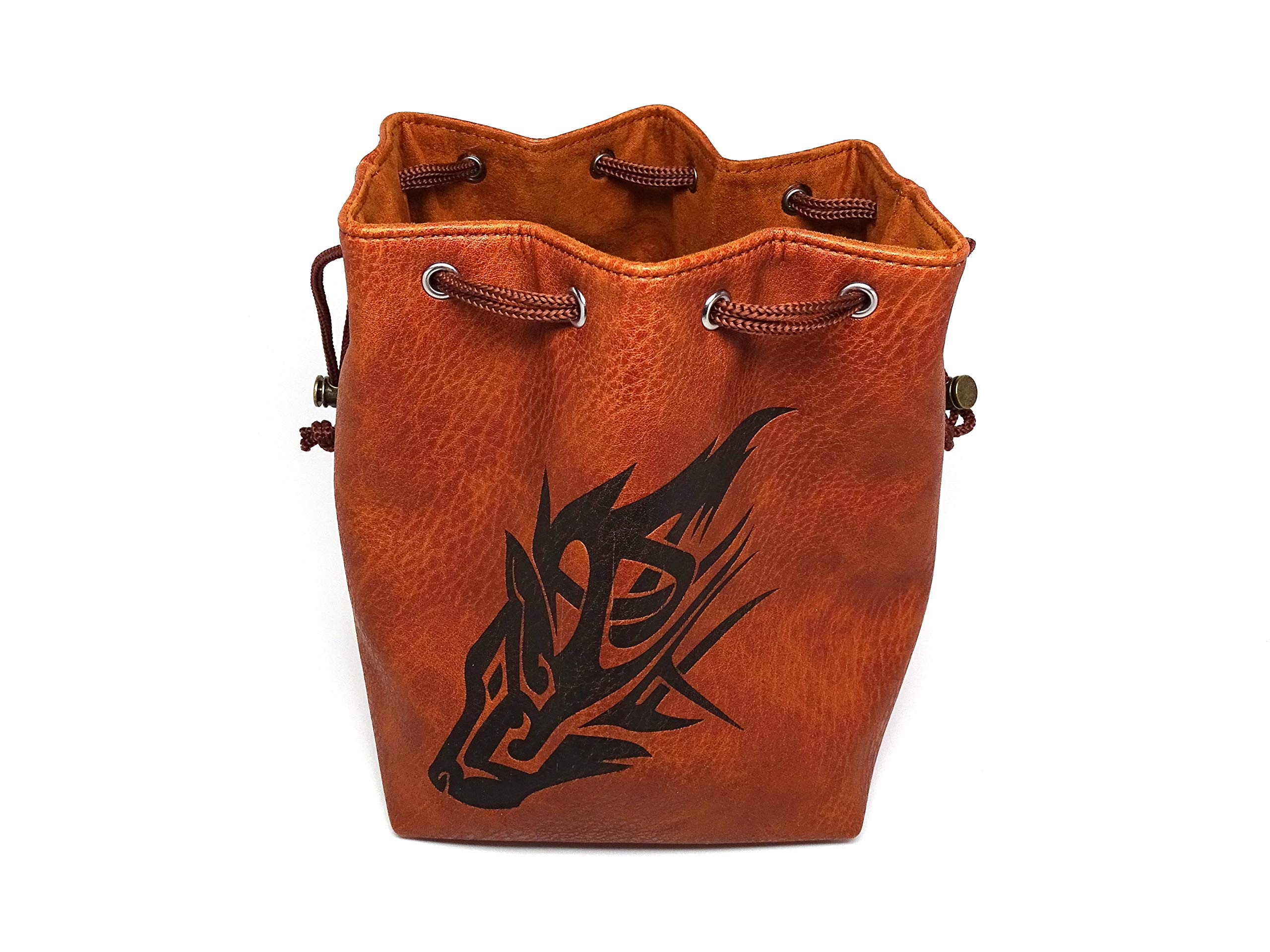 Brown Leather Lite Large Dice Bag with Wolf Design - Brown Faux Leather Exterior with Lined Interior - Stands Up on its Own and Holds 400 16mm Polyhedral Dice