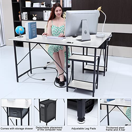 DLIUZ White L Shaped Desk with Drawers,L Modern Desk,Computer Gaming Desk with USB Charging Port and Power Outlet, 2 Person Long Writing Study Table with Shelves Reversible Home Office Corner Desk